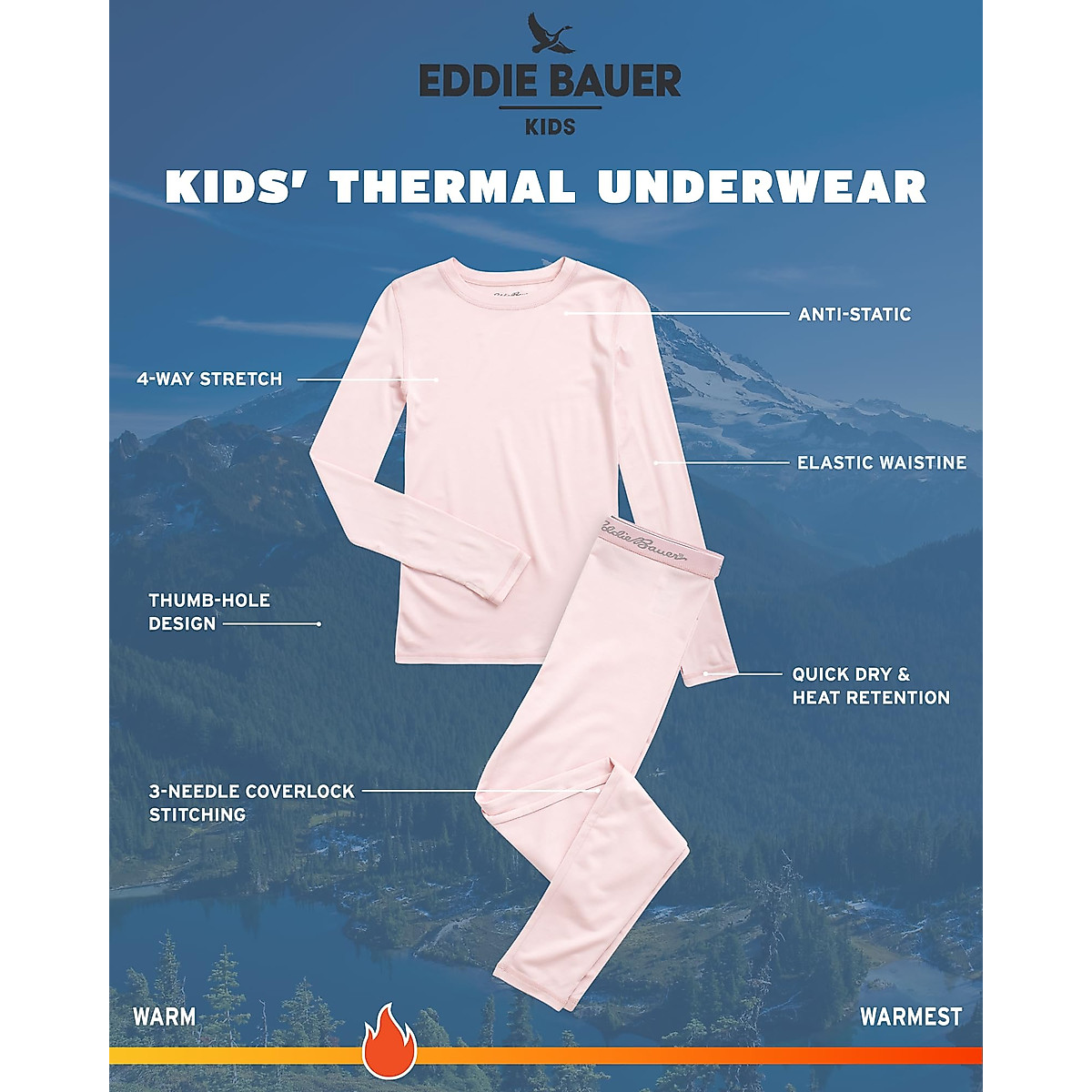Eddie Bauer Thermal Underwear For Kids - 2 Piece Performance Base Layer Underwear Set For Boys and Girls (5-16), Size 7-8, Soft Pink