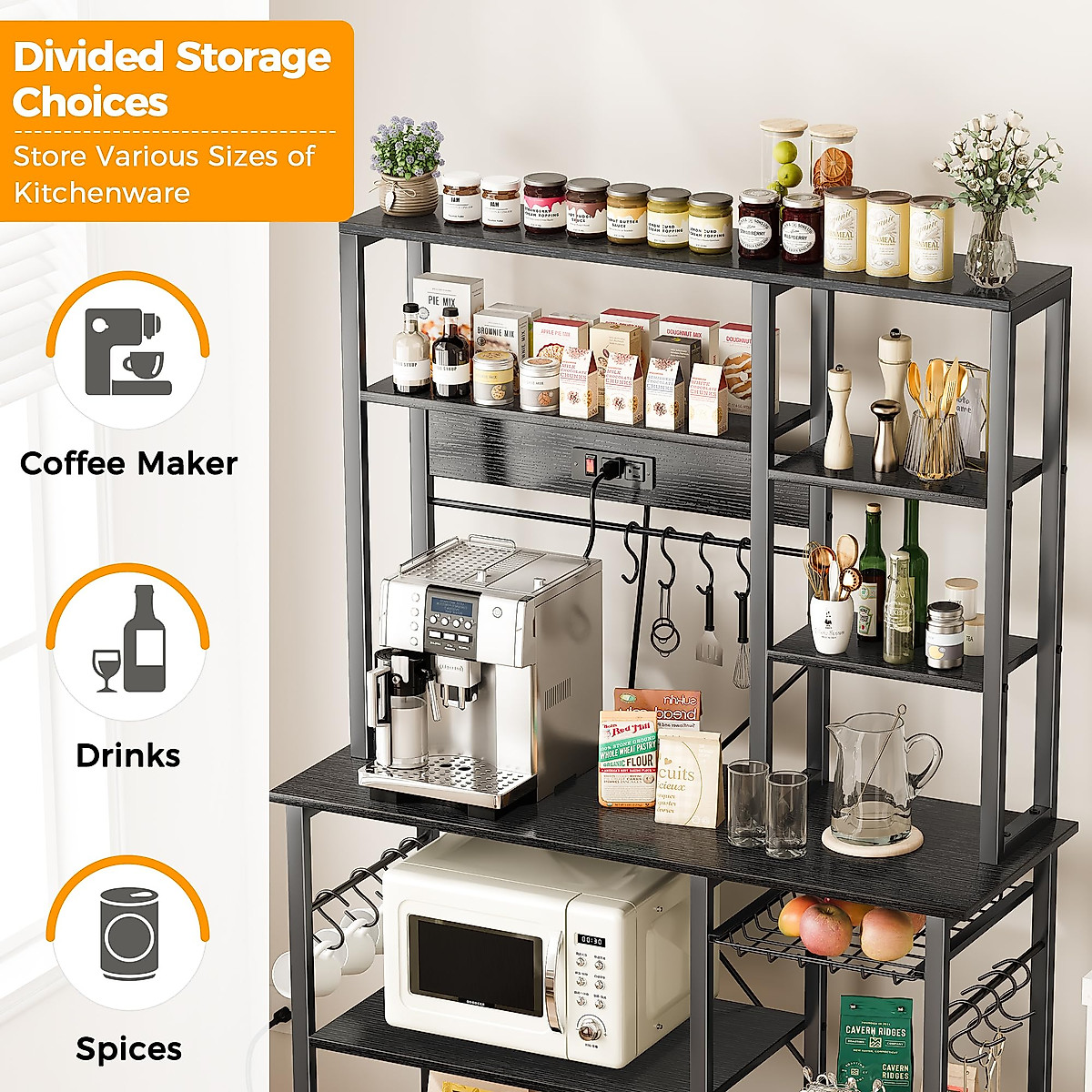 SUPERJARE Large Bakers Rack with Power Outlets, 6-Tier Microwave Stand, Coffee Bar with 12 S-Shaped Hooks, Kitchen Shelf with Wire Basket, 39.3 x 15.5 x 66.9 Inches, Black