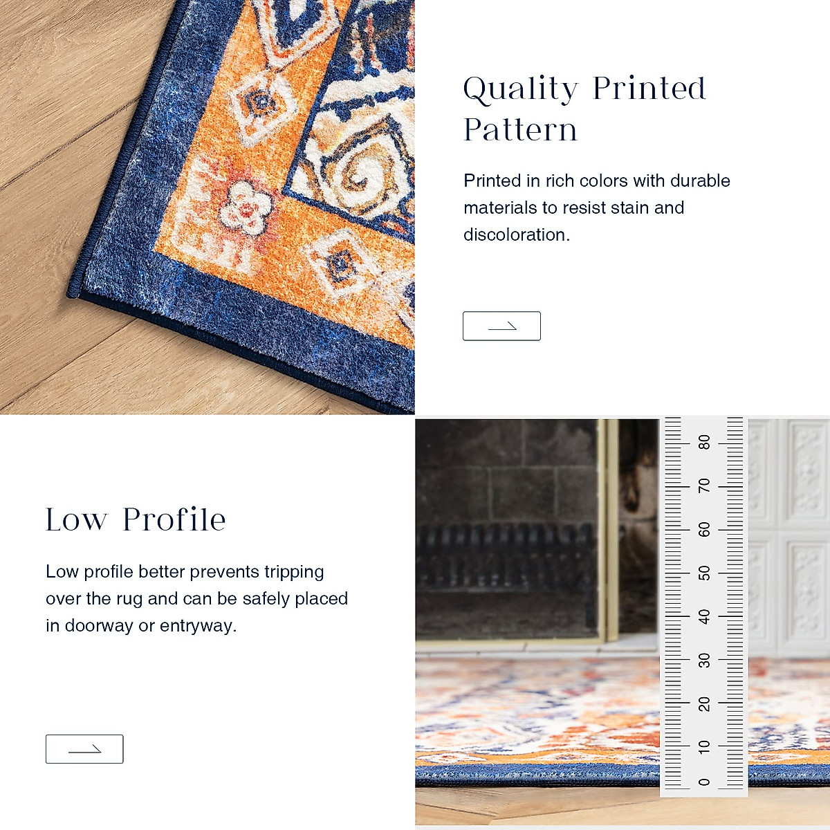 Phantoscope Hallway Runner Rug 2'x6' - Boho Washable Non-Slip Kitchen Rug Runner, Ultra-Thin Vintage Distressed Accent Throw Rug for Entryway Laundry Bathroom Bedroom, Navy/Orange