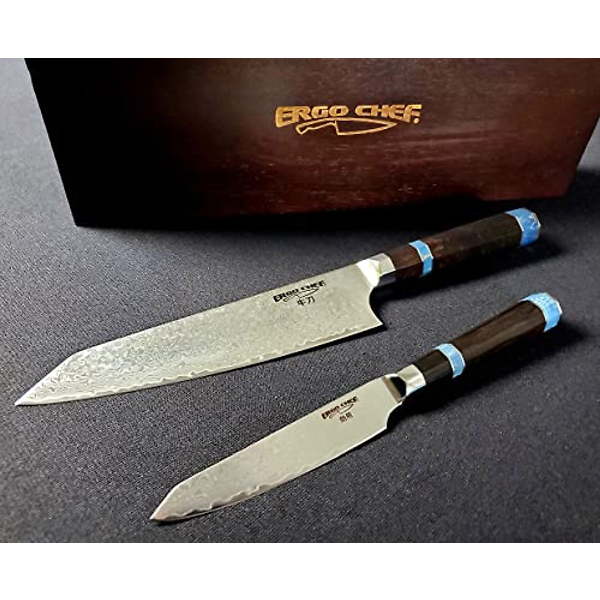 Ergo Chef Limited Series 2pc. Damascus Japanese VG10 8-inch Kiritsuke Knife and 5 inch Utility knife Set, Ebony and Blue Stabilized Wood Handles Includes Wooden Gift/Storage Box