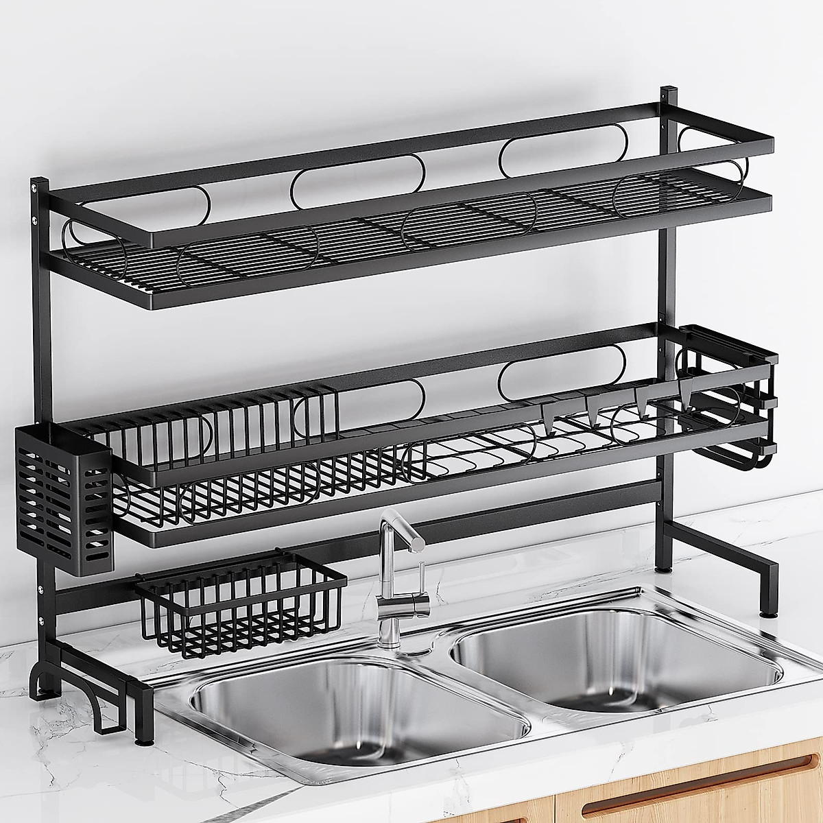 BeCeLe Dish Rack,3 Tier Dish Drying Drainer Rack,Ideal for Kitchen Organizer with One Over The Sink Drainer,Cutboard Stand,Utensils Holder,Gift for Housewarming,Christmas,Thanksgiving