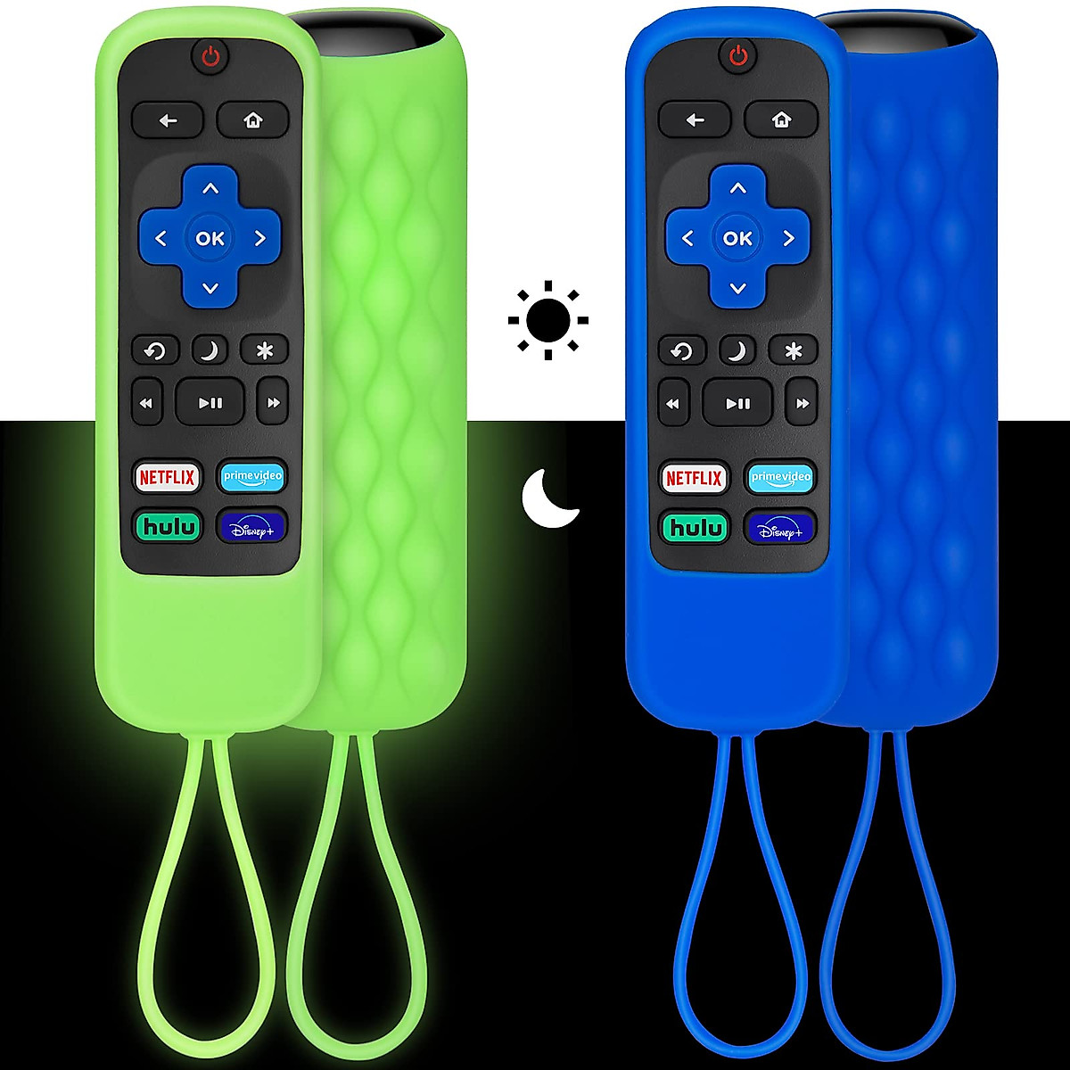 [2 Pack] Silicone Protective Case Compatible with Roku TV Remote, TCL Roku,Hisense Roku, Remote Cover Also for Roku Express+ and Roku Streaming Stick Remotes (Luminous Green + Blue)