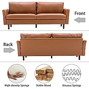Dreamsir 80'' Faux Leather Sofa Couch, Mid-Century Modern Sofa with Solid Wooden Frame & Padded Cushions, 3-Seater Couch for Living Room, Apartment, Lounge Room (Brown)