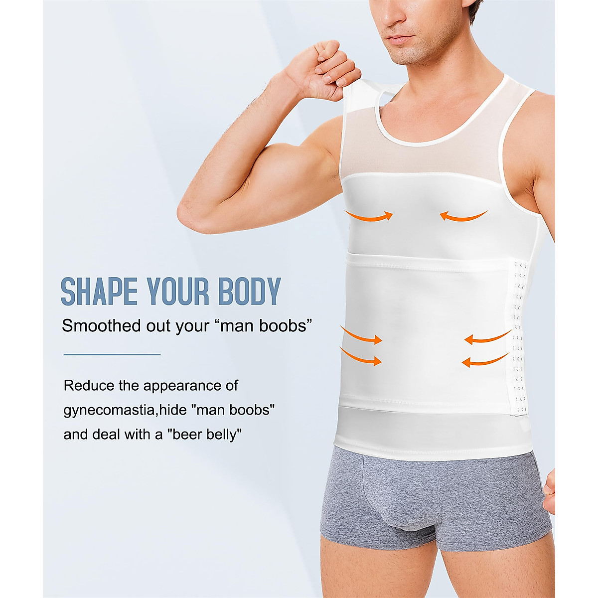 Men Body Shaper Slimming Vest Tight Tank Top Compression Shirt Tummy Control Underwear Moobs Binder (White, L)