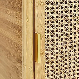 INMOZATA Bamboo Nightstand 1 Door Cabinet, Rattan Bedside Tables with Open Shelf, Natural Rattan Nightstand for Bedroom