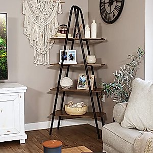 Sunnydaze 68.5-Inch H 4-Tier Industrial-Style A-Frame Ladder Shelf - MDP Shelves with Powder-Coated Steel Frame - Brown