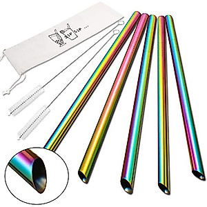 5 Pcs 10" Reusable Boba Straws & Smoothie Straws - Rainbow Colors & Angled Tips, 0.5" Wide Stainless Steel Straws, Metal Straws for Bubble Tea, Milkshakes, Jumbo Drinks | 2 Cleanning Brushes & 1 Case