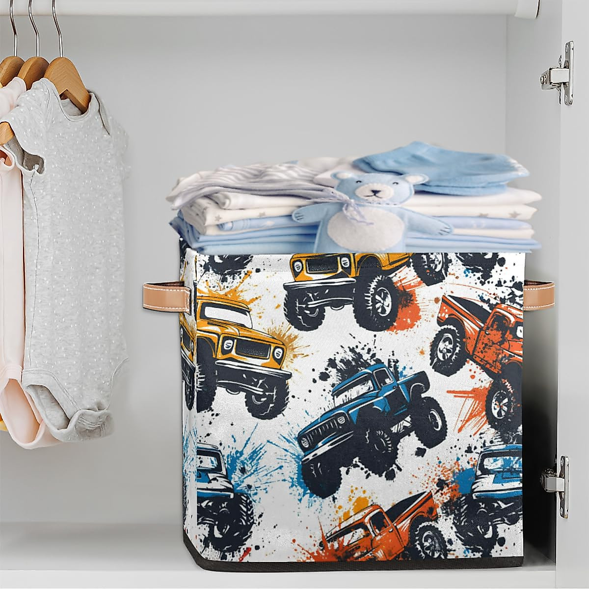 Tablerazzi Monster Truck Car Cube Storage Bin, 13 Inch Collapsible Fabric Storage Cube Bin, Foldable Cube Baskets for Shelf, Closet, Organizer