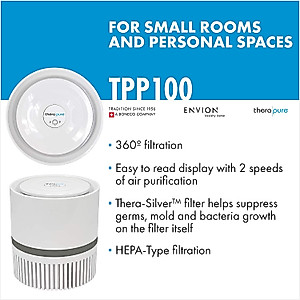 ENVION Therapure TPP100 Triple Action HEPA Type UV-C Air Purifier with 2 Fan Speeds for Small Spaces up to 25 Square Feet, White