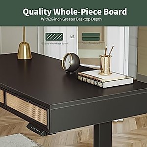 FEZIBO 55X26 Inches Boho Style Height Adjustable Electric Standing Desk with 3 Rattan Drawers, Stand up Desk with Large Storage Space, White（2 Packages）