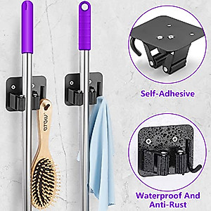 YUWANTING Stainless Steel Broom Holder, Heavy Duty, Rust Resistant, 4 Gripper Positions with 4 Hooks, Black