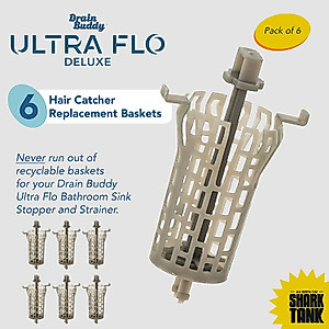 Drain Buddy Ultra Flo - 6 Pack 2 in 1 Bathroom Sink Replacement Basket Drain Hair Catcher with Stopper Strainer & - No Installation Clog Prevention, Fits 1.25” Wide Sink Drains - As Seen On Shark Tank