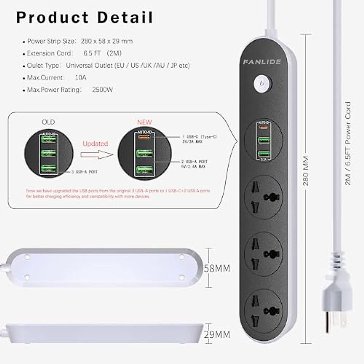 Fanlide Power Strip with USB Ports, 6ft Power Cord, 2500W Circuit Breaker, 3 Outlets 3 Quick USB (5V 3.1A) Charging Station, Child Safe Door, for Cruise Ship,Dorm Room Multi Plug Extender