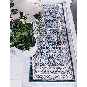 Unique Loom Leila Collection Distressed, Traditional, Vintage, Border, High-Low Pile, Botanical Area Rug, 8' 0 x 8' 0 Square, Navy Blue/Ivory