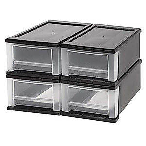 IRIS USA 7 Qt. Plastic Stackable Storage Drawers, Small, 4 Pack, Multi-Purpose Bins for Bedroom, Bathroom, Closet, Craft Room, Garage, Kids Room, Office, Pantry, Under Sink, Black
