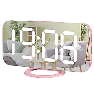 Miowachi Pink Digital Alarm Clock,Large Mirrored LED Clock,Snooze,2 USB Charger Ports Desk Alarm Clocks for Girls School (Pink)