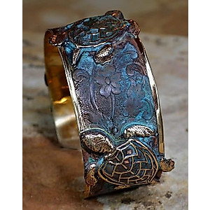 Elaine Coyne Jewelry | Sea Turtle Bracelet for Women, Adjustable Brass Cuff Bracelet for Women, Artisan Classic Jewelry Turtle Cuff/Arm Cuff Made of Verdigris Patina Brass | Elaine Coyne Cuff Bracelet