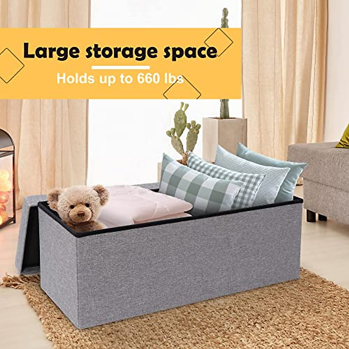 ZenStyle 43Inches Storage Ottoman Bench, Folding Footrest Padded Seat, Storage Chest Long Shoes Bench with Divider, Holds up to 660 lbs, for Living Room, Entryway, Bedroom, Dark Gray