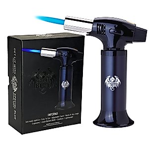 Kitchen Torch, blow torch -Special Blue Refillable Butane Torch With Safety Lock & Adjustable Flame and Fuel gauge - Culinary Torch, Creme Brulée Torch for Cooking Food, Baking, BBQ (Black)