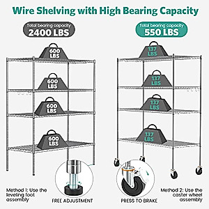 Leteuke Wire Shelving Unit with Wheels, NSF Certified 4 Tier Adjustable Storage Shelves 60"×24"×72", 2400LBS Heavy Duty Shelving Commercial Grade Metal Storage Utility Rack for Kitchen Garage, Chrome