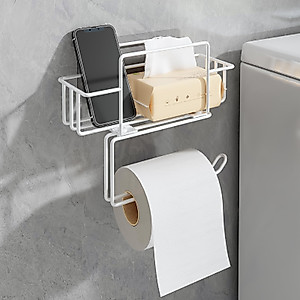 X-cosrack Toilet Paper Holder with Shelf, Wall Mount/Adhesive Matte White Toilet Paper Holder, Wipes Dispenser for Bathroom, Metal Bathroom Toilet Paper Holder for Kitchen, Bedroom