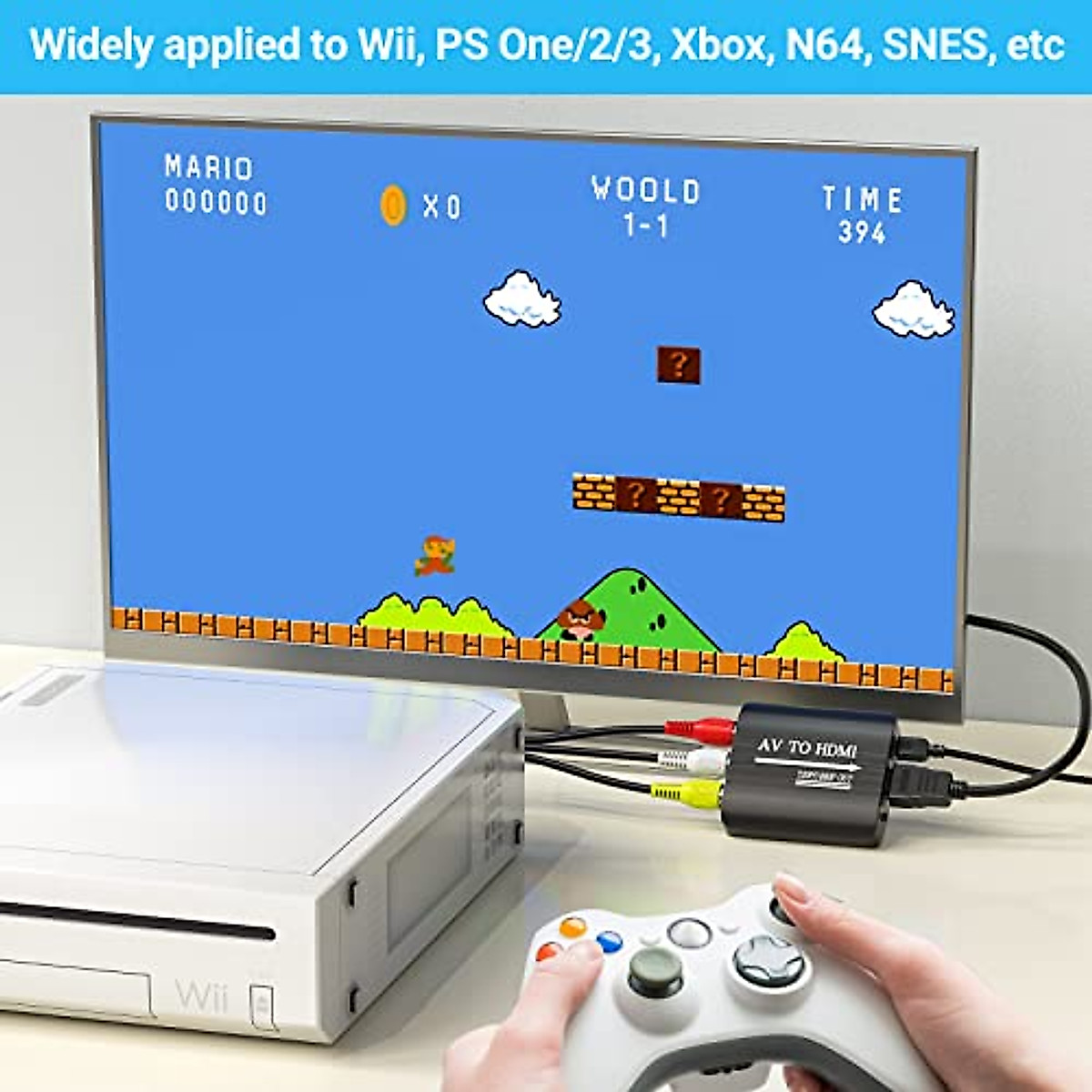 GINGIN RCA to HDMI,AV to HDMI Converter,Composite to HDMI Converter Compatible with WII,PS One,PS2,PS3,STB,Xbox,VHS,VCR,Blue-Ray DVD,with 3.3ft HDMI Cable