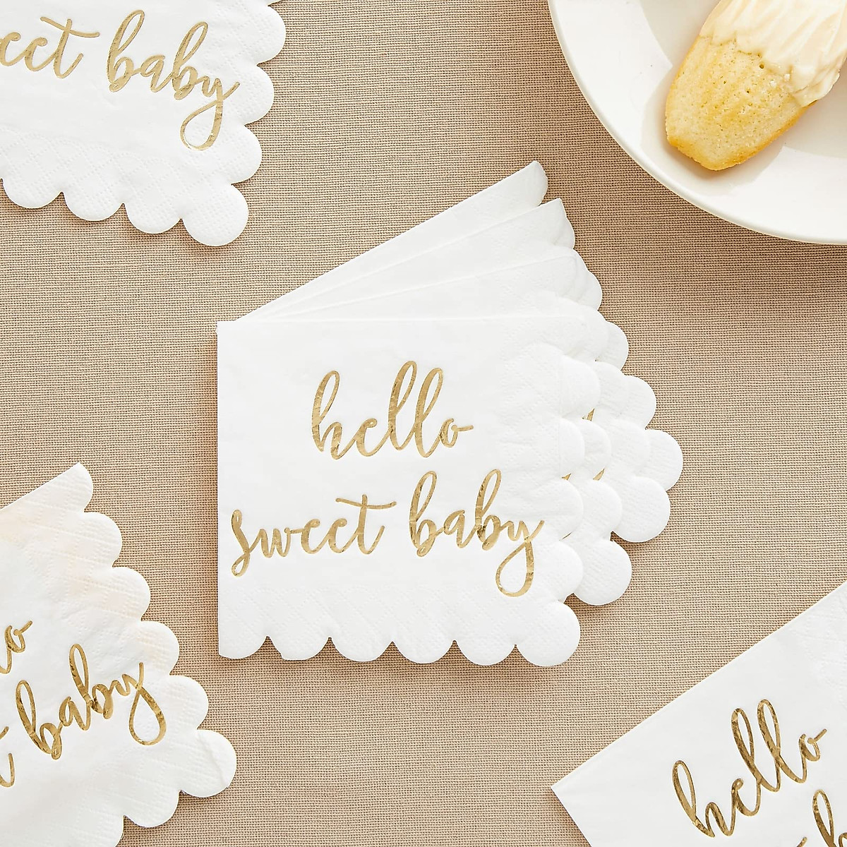 Juvale 50 Pack White Scalloped Baby Shower Napkins for Girls and Boys, Gold Foil Hello Sweet Baby Decorations (5 x 5 In)
