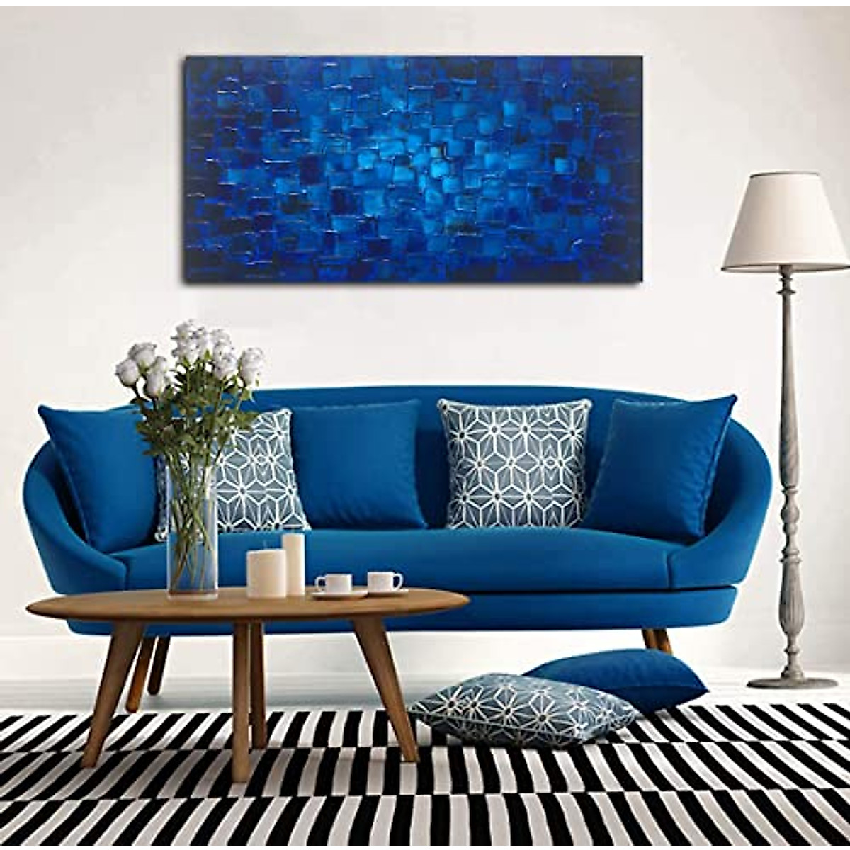 Gongyuanyihao Arts Modern Textured Abstract Squares Canvas Wall Art Hand Painted Artwork Dark Blue Oil Painting Picture for Home Decoration Framed Ready to Hang 48x24inch