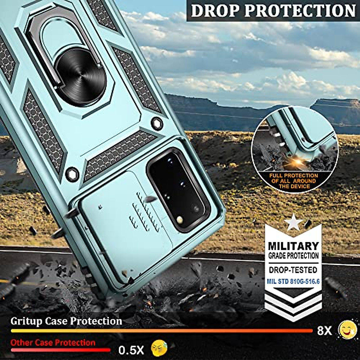 Gritup for Samsung Galaxy S20+ Plus Case with Slide Camera Cover, Build in 360° Rotating Ring Kickstand [Military Grade] Protective Case for Galaxy S20 Plus 5G, Dark Green