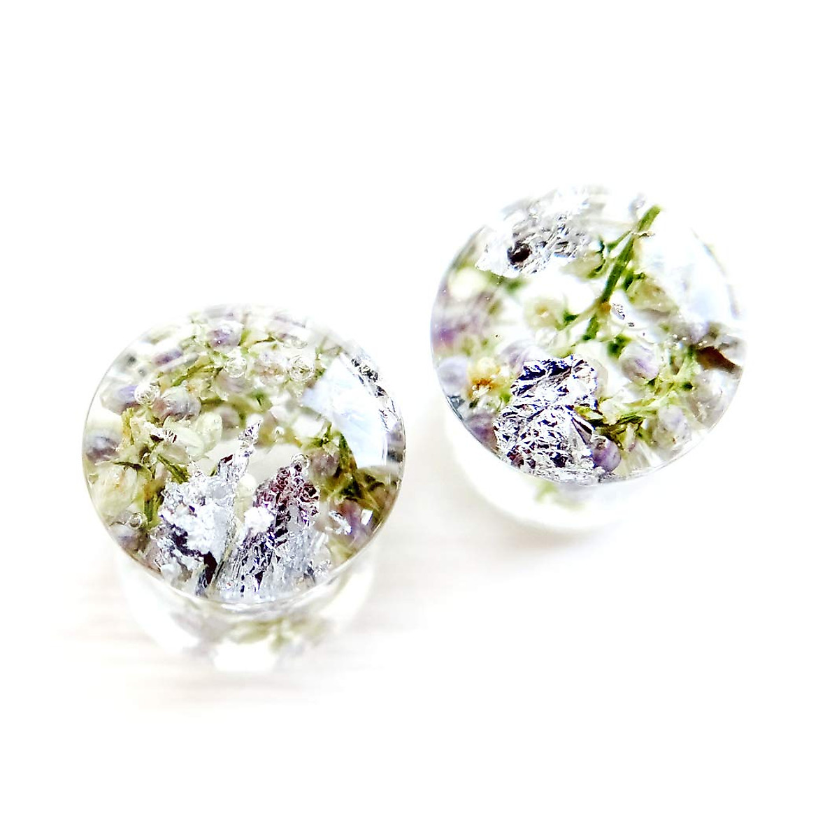 ETERNIADA Ear gauges and Plugs Silver Flakes and Tamarisk Flower Plug and Tunnel 0g Plugs 28mm Plugs Floral gauges Resin Plug Bridal Plugs 6g 4g 2g Dried Herbs (22mm / 7/8" / Pair)