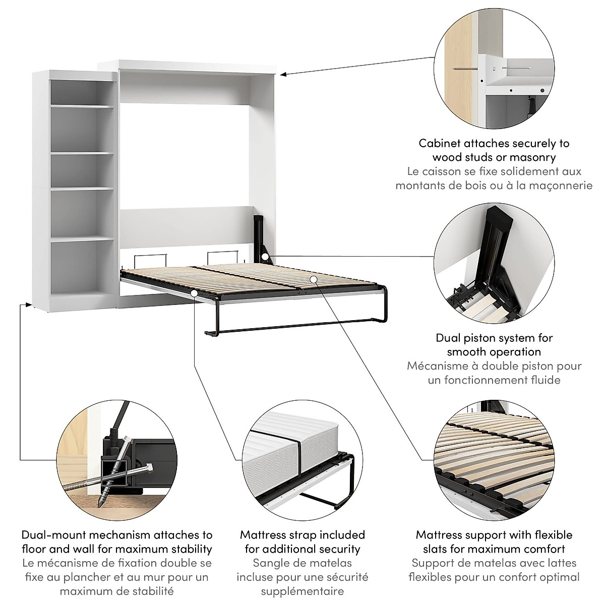 Bestar Pur Queen Murphy Bed with Shelving Unit, 90-inch Space-Saving Sleeping Arrangement for Multipurpose Area, Bedroom, Guest Room, or Living Room