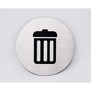 Metal Trash Signs | 3" Garbage Bin Marker | Metal Sign for Waste Basket | Brushed Silver Aluminum Sign with Black Trash Symbol | Ready to Hang | Made in USA