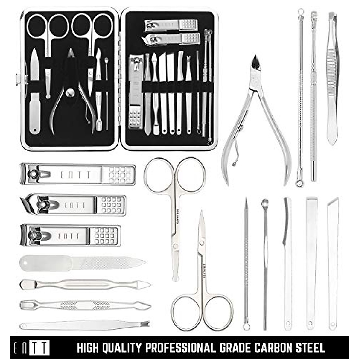ENTT Manicure Pedicure Grooming Set Kit Gift for Men/Women – 18 Piece Steel Finish Tools - Premium Quality Sharp Professional Nail Clippers – For Home, Travel – All Purpose – Black Case