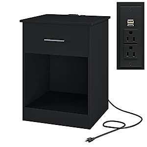 Reettic Set of 2 Nightstand with Charging Station and USB Ports & Power Outlets, Wooden End Table with Drawer and Opening Shelf, Side Table for Bedroom, Black RCTG101BE02