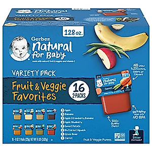 Gerber Purees 2nd Foods Veggie & Fruit Variety Pack, 8 Ounces, Box of 16 (Packaging May Vary)
