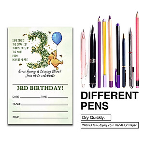 Dolimifa Winnie the Pooh 3rd Birthday Invitations Fill in Style Greenery Winnie the Pooh Blue Balloon Little Hunny Bear Winnie Third Birthday Invites for 3 Year Old, 20 Count With Envelopes