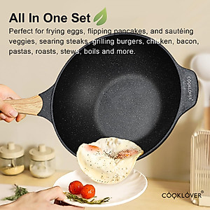 COOKLOVER Nonstick Woks And Stir Fry Pans Die-cast Aluminum Scratch Resistant 100% PFOA Free Induction Wok pan with Lid 12.6 Inch - Black