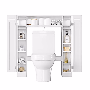 ITUSUT Over The Toilet Storage Cabinet, Freestanding Toilet Cabinet Organizer with 2 Side Doors and Pull-Down Door, Bathroom Cabinet Over Toilet with Adjustable Shelves & Paper Holder, White