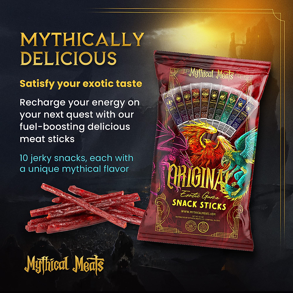 Mythical Meats Original Exotic Flavor Sampler Pack – 10 Exotic Game and Beef Snack Sticks – Dried & Dehydrated Meats Seasoned to Perfection – High Protein Snacks
