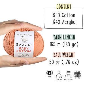 5 Skein (Pack) Total 8.8 Oz. Gazzal Baby Cotton Each 1.76 Oz (50g) / 150 Yrds (165m) Soft, Fine Baby Yarn, 60% Cotton, Blue - 3428