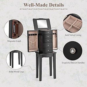 LUARANE Wooden Jewelry Cabinet, Jewelry Storage Organizer with Top Flip Mirror 4 Drawers, 2 Side Doors with Hooks and Compartments, Free Standing Jewelry Armoire with Solid Wood Legs, Black