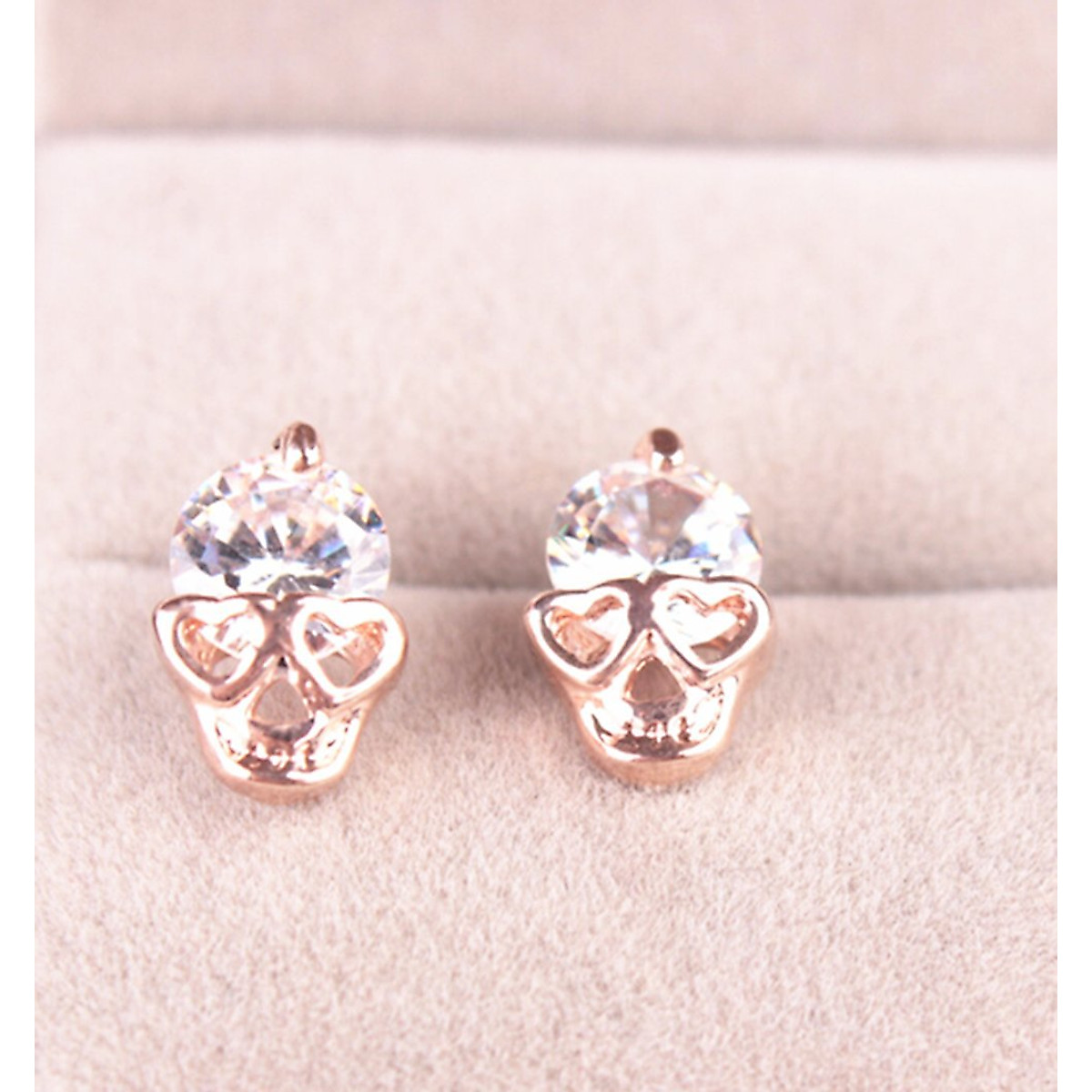 Zittop Rose Gold Women Tone Crystal Diamond Skull Pierced Stud Earrings Jewelry