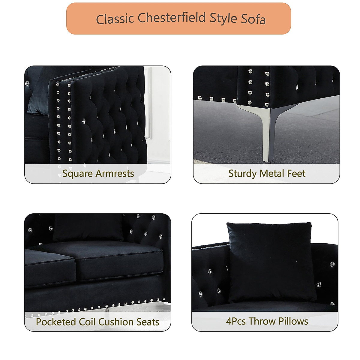 2-Piece Black Velvet Upholstered Living Room Furniture Set, Including 3-Seater Sofa and Loveseat with Jeweled Buttons, Square Arm, Four Pillows Included for Living Room, Office