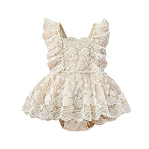wdehow Infant Newborn Baby Girl Summer Romper Dress Floral Lace Tutu Embroidery Ruffles Backless Bodysuit One-Piece Jumpsuit (Khaki, 0-3 Months)