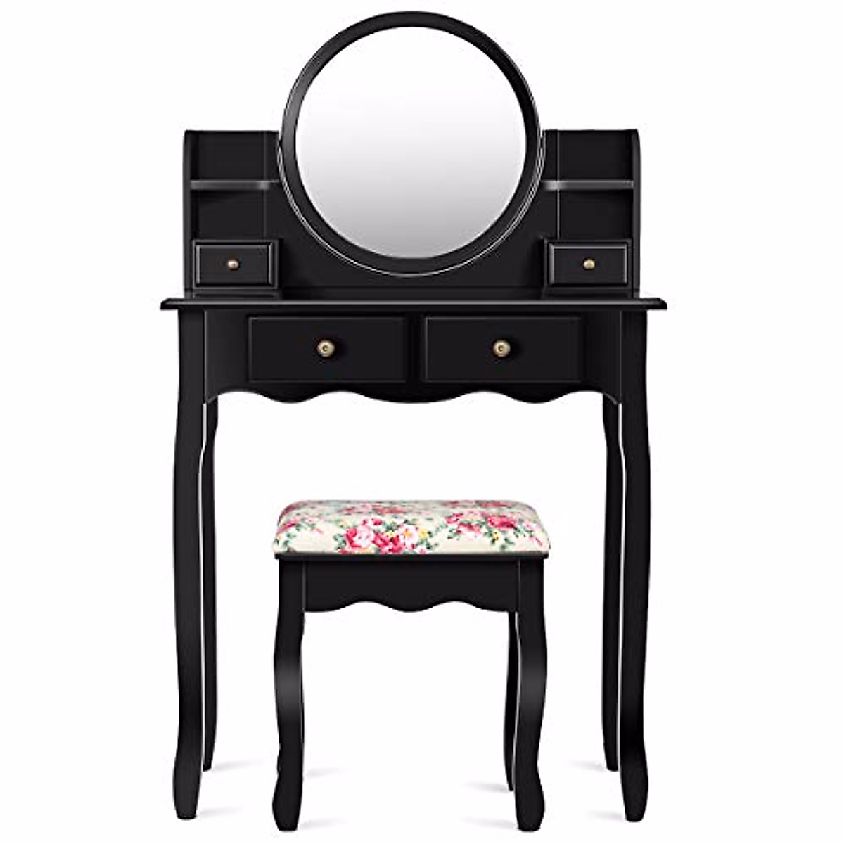 CHARMAID Vanity Set with 4 Storage Shelves and 4 Drawers, Makeup Table with 360° Pivoted Round Mirror and Makeup Organizers, Dressing Table with Mirror and Cushioned Stool for Women Girls (Black)