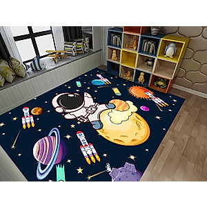 SOJAWA Space Astronaut Children Play Area Rug, 4x6ft, Solar System Rocket Living Room Rug, Non-Shedding Foldable Home Decorative Rugs, Washable Durable Low Pile Rug for Hallway Bedroom