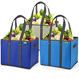 NERUB Reusable Grocery Bags Shopping Bags Grocery Tote Bag with Reinforced Bottom Heavy Duty Handles (Set of 3, Blue/Gray/Wave)