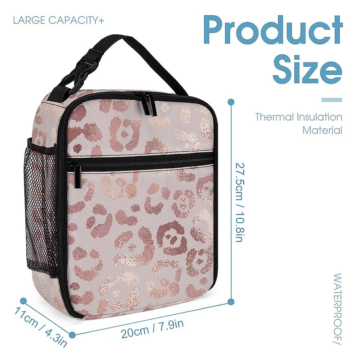 MINBHEBYUD Leopard Skin Rose Gold Lunch Bag for Men Women, Insulated Lunch Bags for Office Work, Reusable Portable Lunch Box