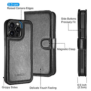 CAVOKAS Case Wallet for iPhone 15 Pro Max Wallet Case with Card Holder, Detachable Magnetic Leather Flip Case, Compatible with MagSafe Wireless Charging, Kickstand Shockproof Cover 6.7 Inch, Black