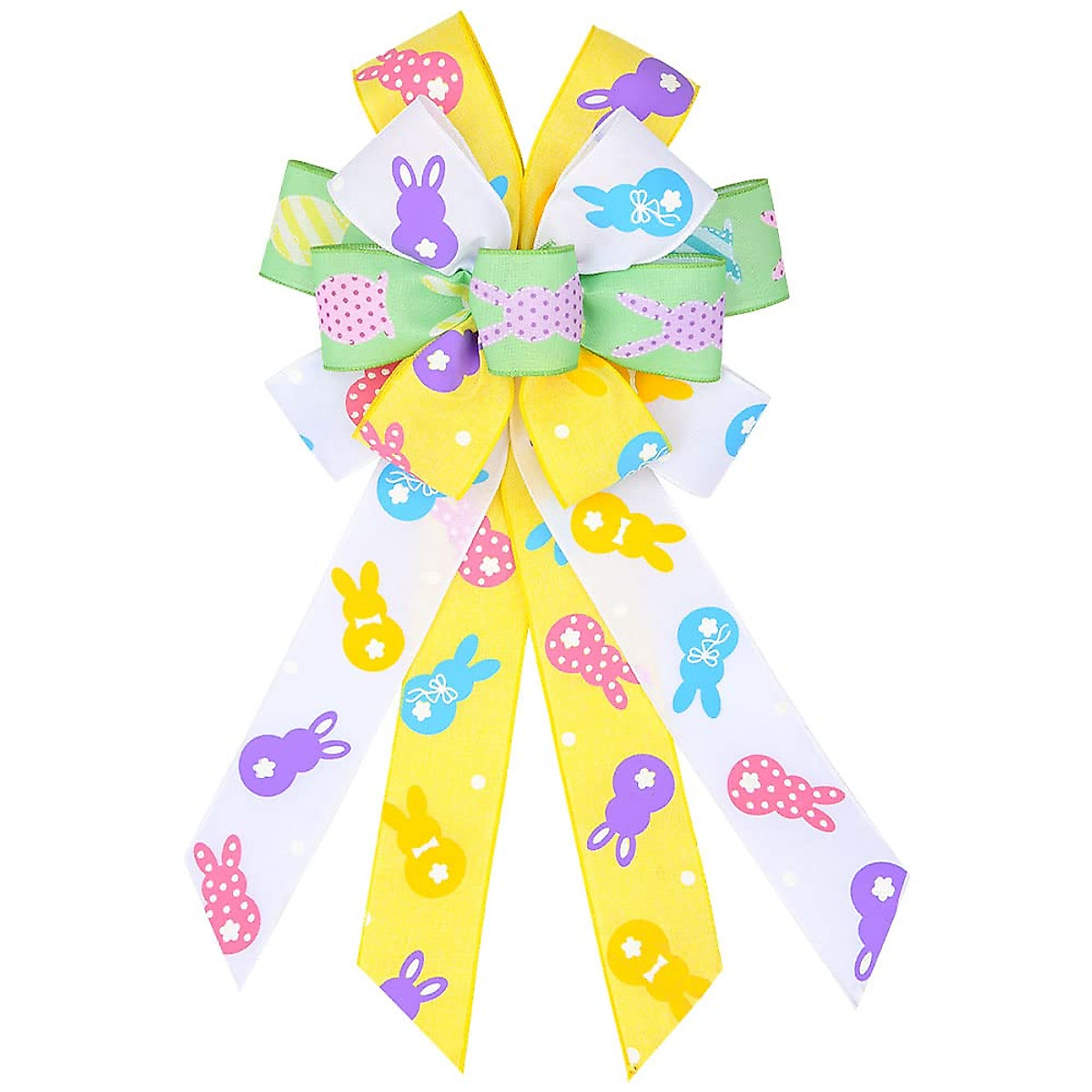 Large Easter Bows for Wreath, Green White Yellow Burlap Ribbon Bow Easter Rabbits Wreath Bows Holiday Spring Bows for Front Door Easter Party Decorations Supplies